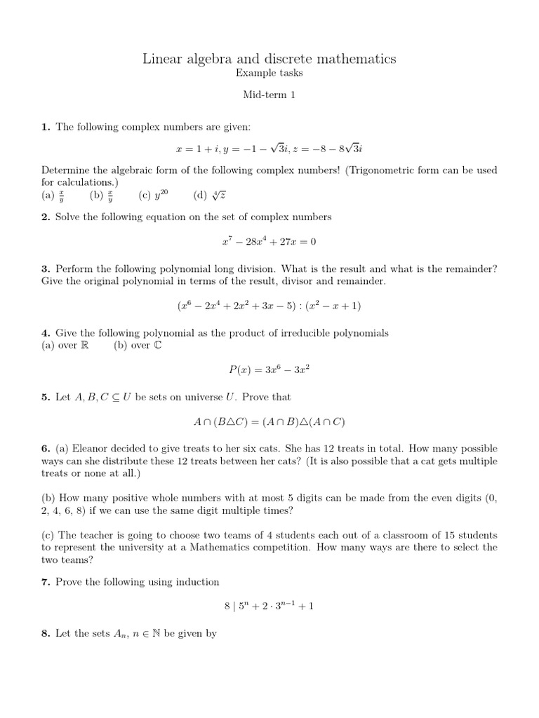 Linear Algebra and Discrete Mathematics - Sample Exercises | PDF | Matrix (Mathematics) | Equations