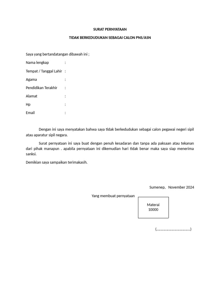 Surat Pernyataan Bukan ASN | PDF