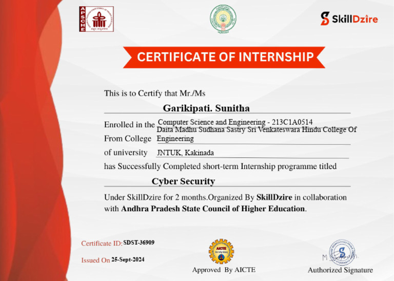 Internship Certificate Garikipati. Sunitha SDST-36909 | PDF