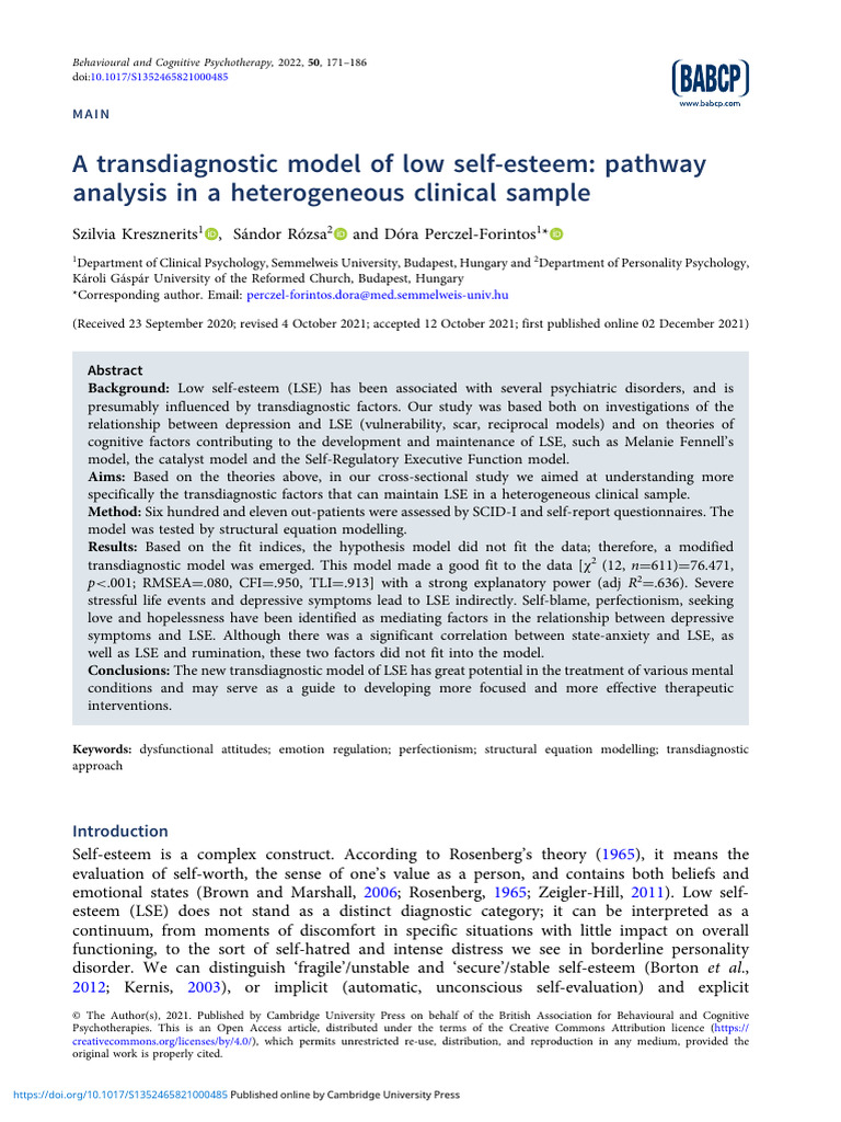 Kresznerits Et Al (2022) Transdiagnostic Model Low Self Esteem | PDF ...