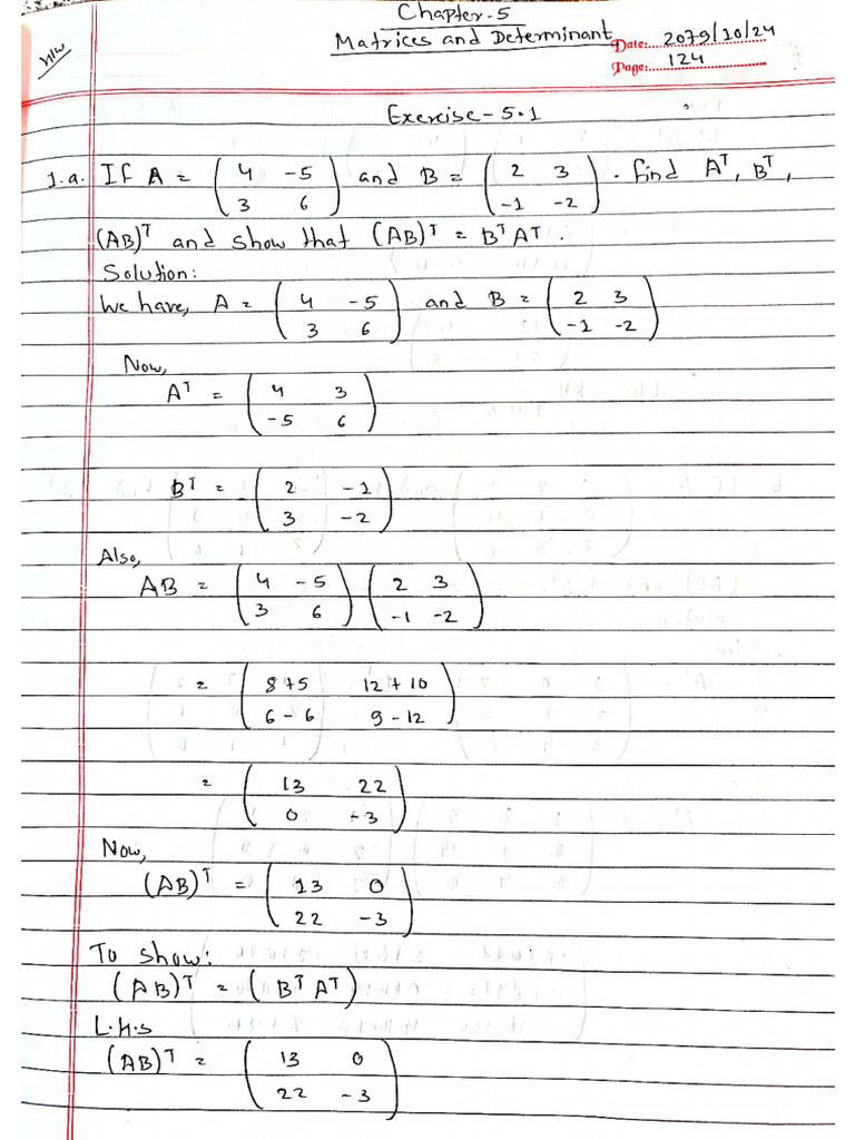Class 11 Matrices & Determinant Ex-5.1 | PDF