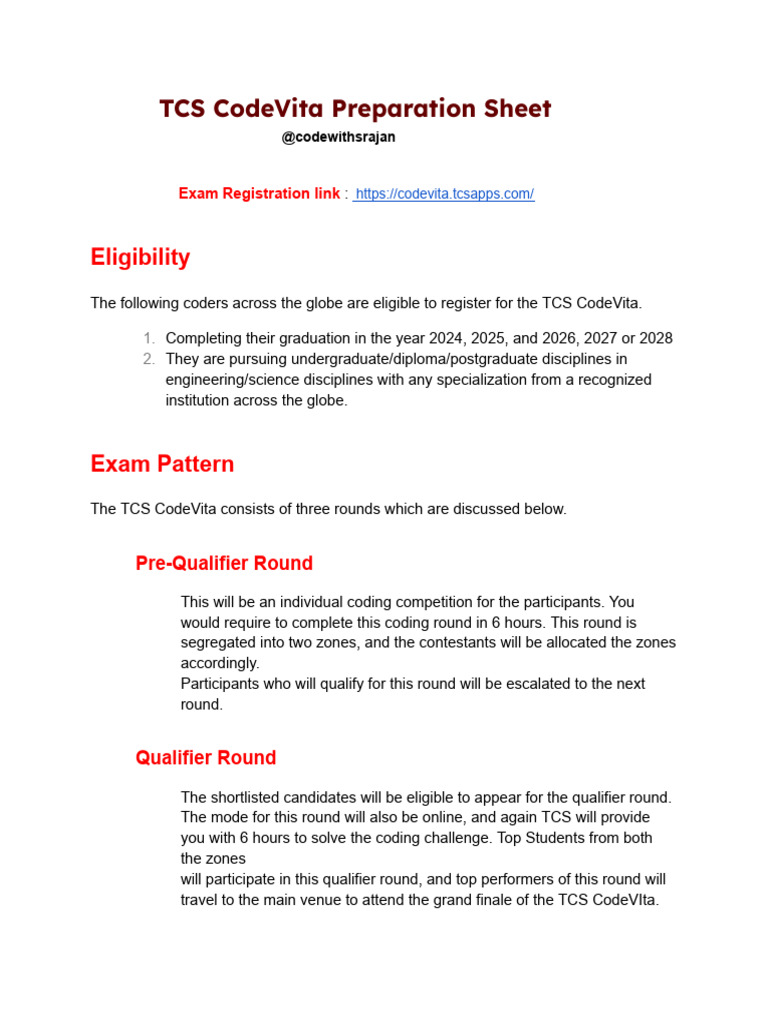 TCS CodeVita Preparation Sheet | PDF | Dynamic Programming | Algorithms And Data Structures
