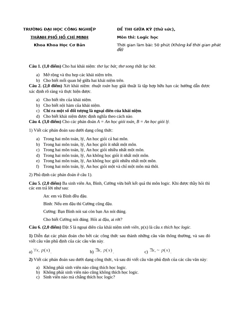 Đề KT thử GK LOGIC | PDF