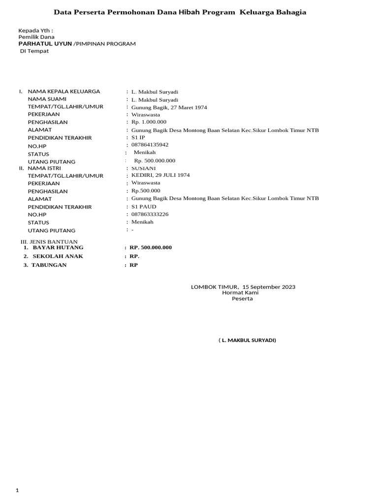 Surat Permohonan Dana Hibah Keluarga Bahagia Bayar Hutang, Sekolah Anak ...