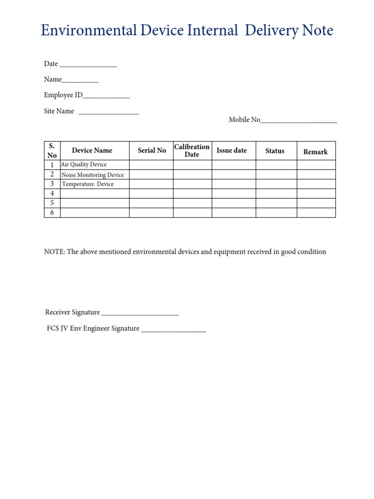 Environmental Device Internal Delivery Note | PDF