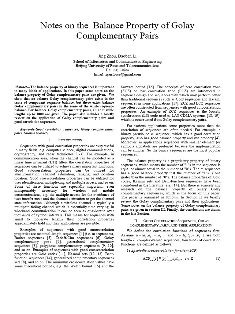 Notes On The Balance Property of Golay Complementary Pairs | PDF ...