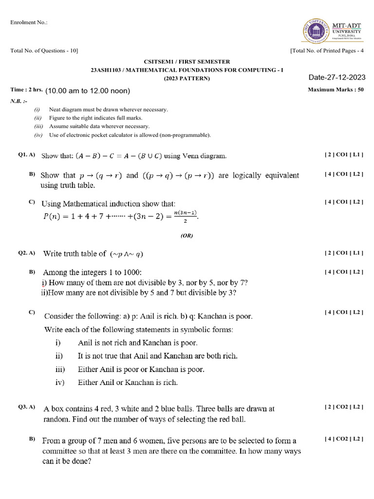 Sem Mathematical Foundations For Computing - I | PDF