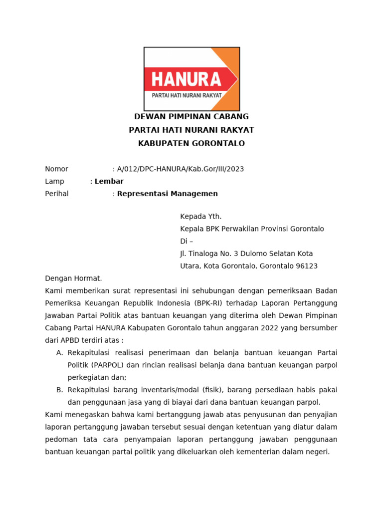 Surat Representasi Partai Hanura | PDF
