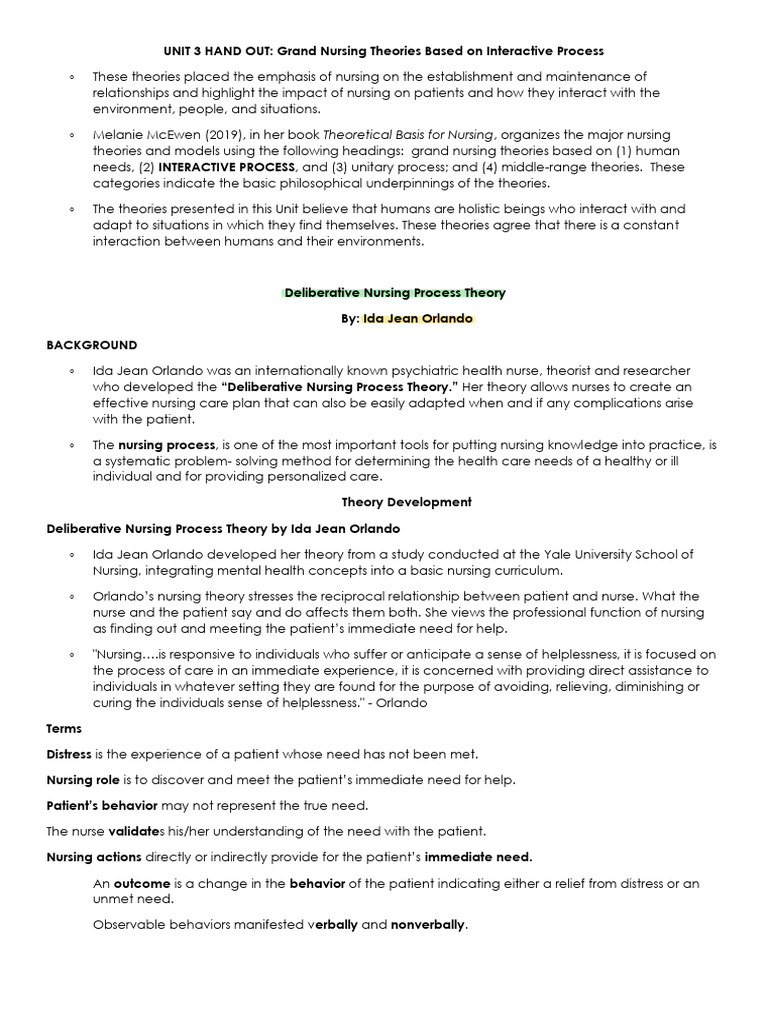 UNIT 3 HANDOUT Deliberative Nursing Process by Ida Jean Orlando | PDF ...