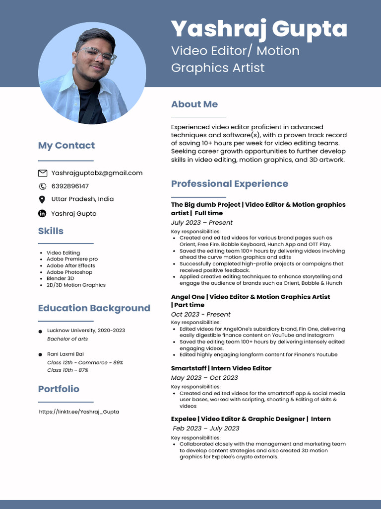 Yashraj Gupta - Video Editor Resume | PDF | Editing | Mass Media