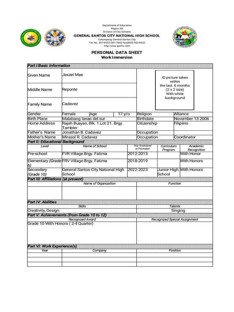 Personal Data Sheet - Docx Mae | PDF