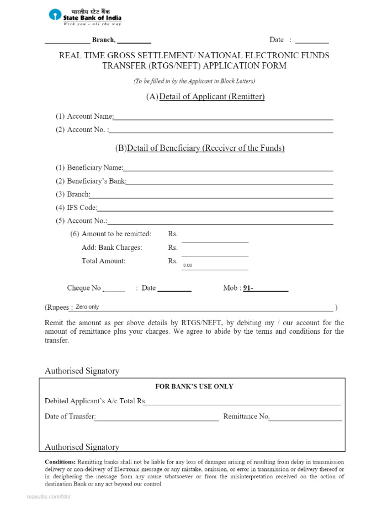 Sbi Rtgs Neft Form Word - Pdfcoffee.com | PDF
