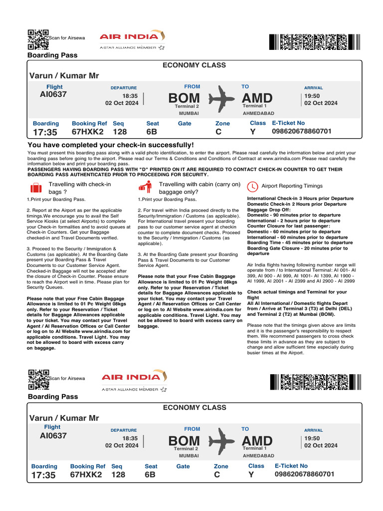 Air India Boarding Pass Instructions | PDF | Aviation | Transport