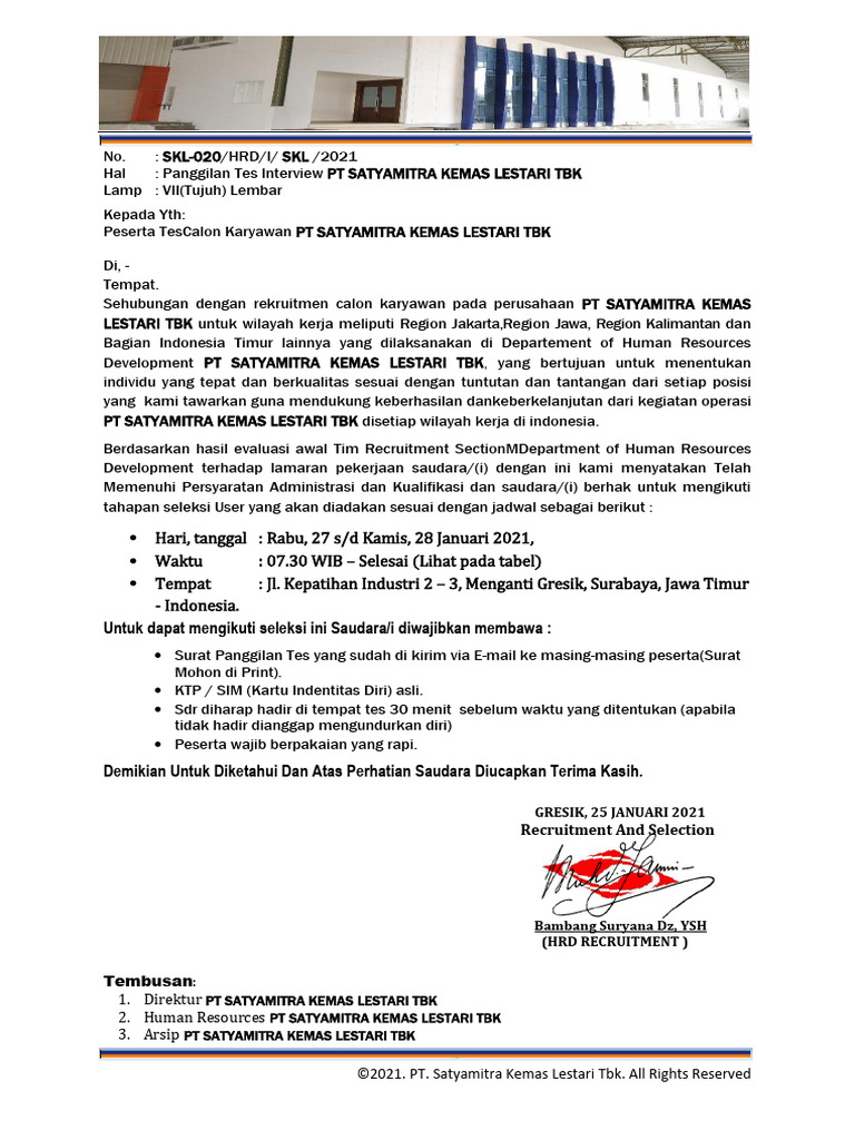 Undangan Tes Interview PT Satyamitra Kemas Lestari TBK - Gresik | PDF