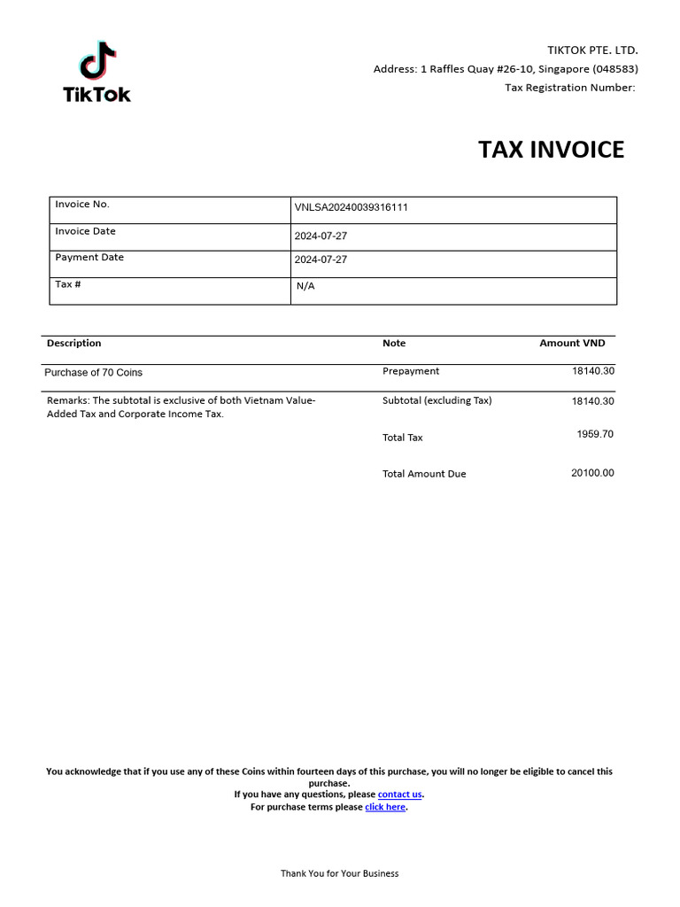 Tax Invoice: Invoice No. Invoice Date Payment Date Tax # N/A | PDF