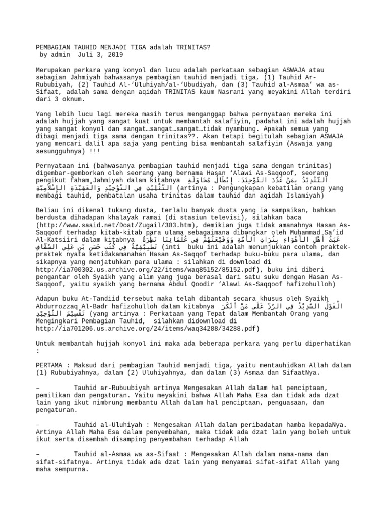 Pembagian Tauhid Menjadi Tiga Adalah Trinitas | PDF