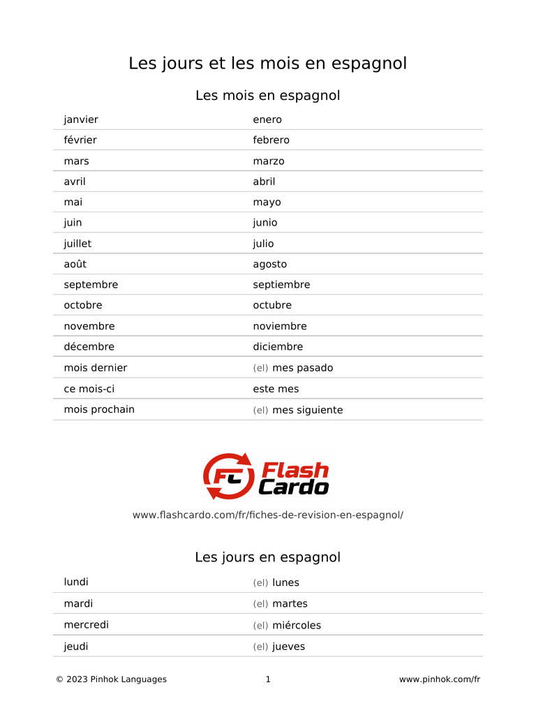 Les Mois Et Les Jours en Espagnol | PDF