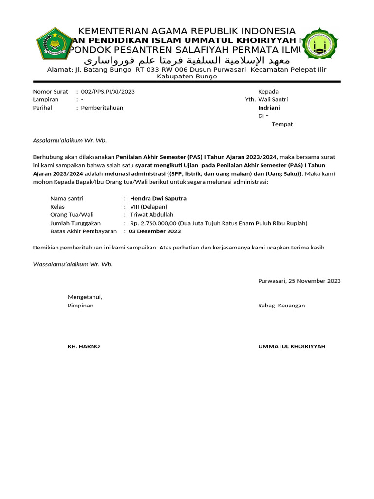 Surat Tagihan Tunggakan | PDF