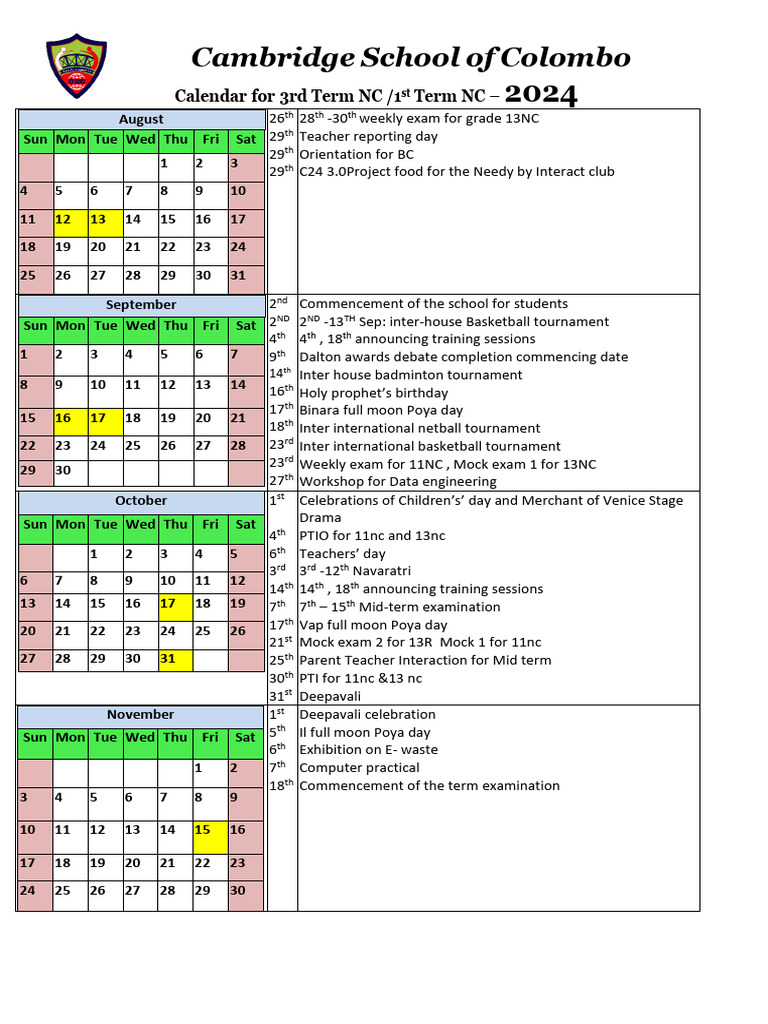 2024 Sep - Dec Calandar Students | PDF