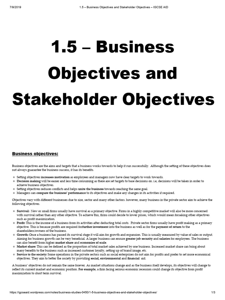 1.5 - Business Objectives and Stakeholder Objectives - IGCSE AID | PDF ...