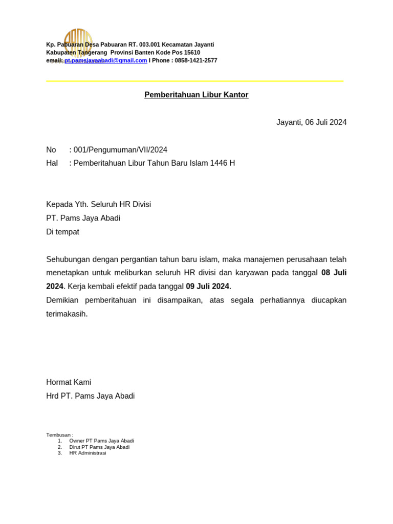 Surat Pengumuman Libur | PDF