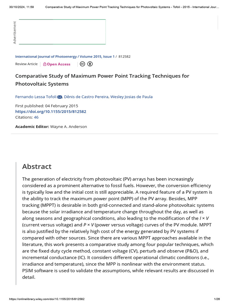 Comparative Study of Maximum Power Point Tracking Techniques For Photovoltaic Systems | PDF ...