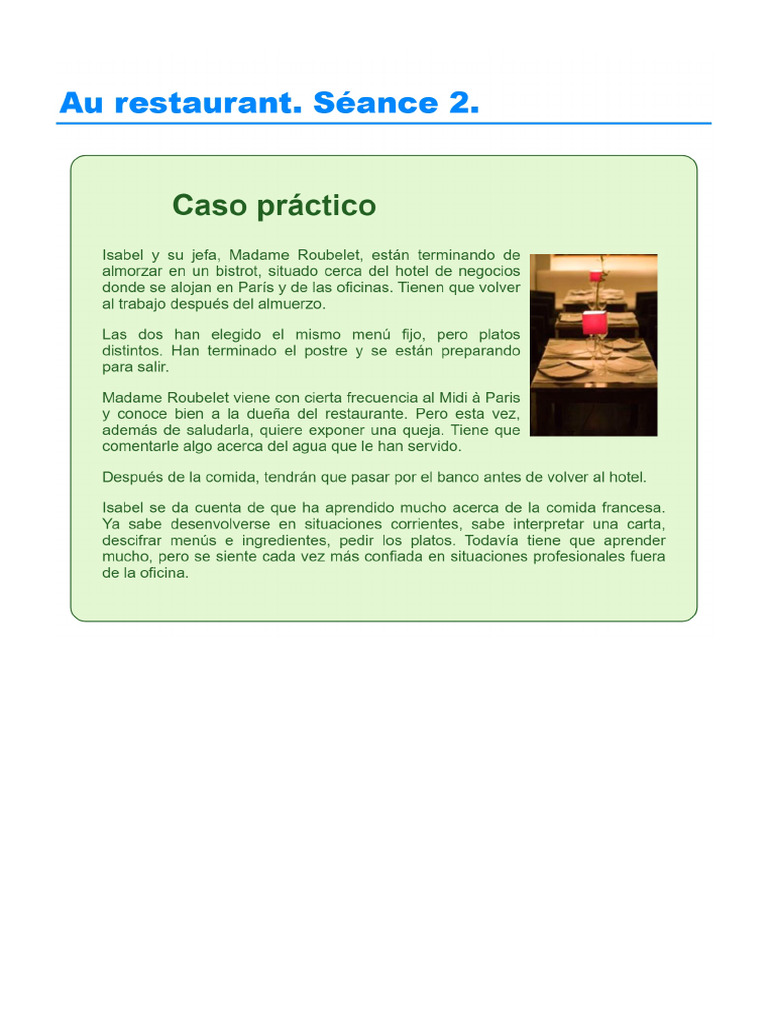 Au Restaurant. Séance 2. | PDF