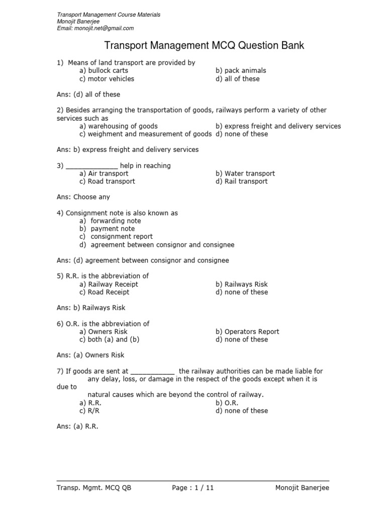 Transport Management MCQ Question Bank | PDF | Transport | Port