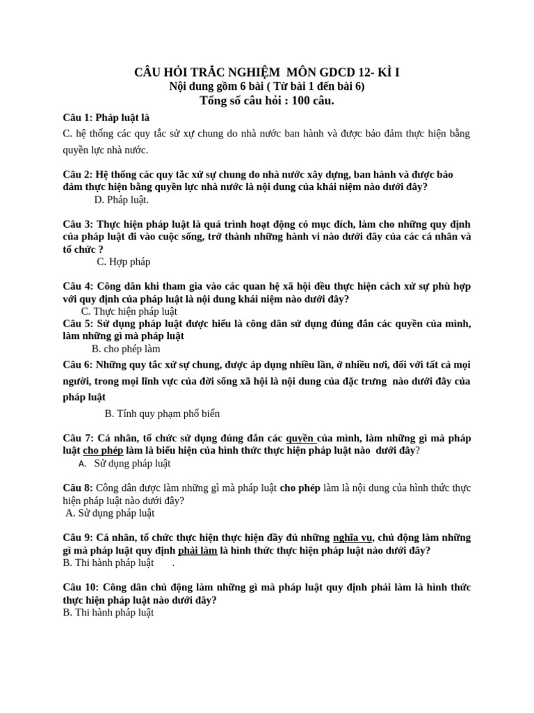 Câu Hỏi Trắc Nghiệm Môn GDCD 12 | PDF