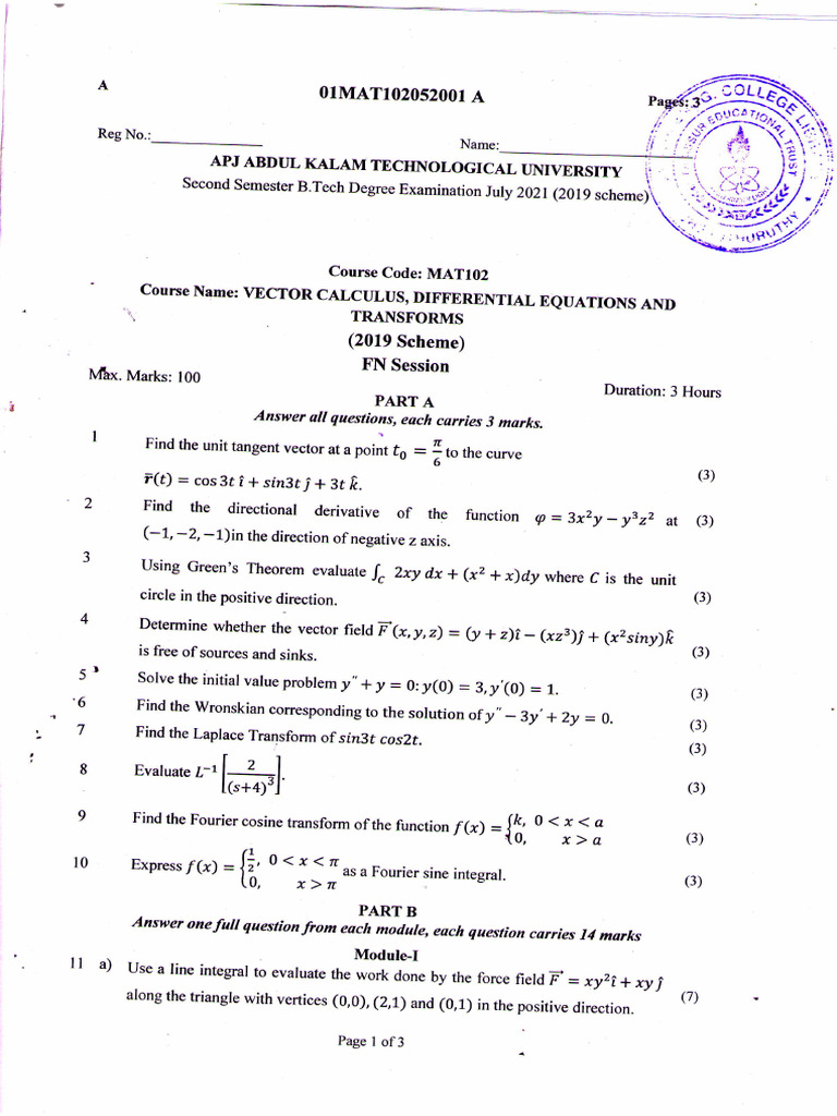 Mat102 Vector Calculus, Differential Equations and Transformsfn | PDF | Trigonometric Functions ...