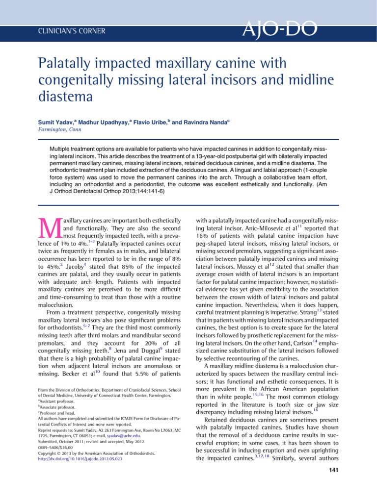 Palatally Impacted Maxillary Canine With Congenita | PDF | Orthodontics ...