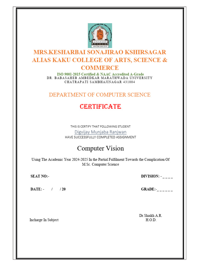 Computer Vision Assignment Certificate | PDF