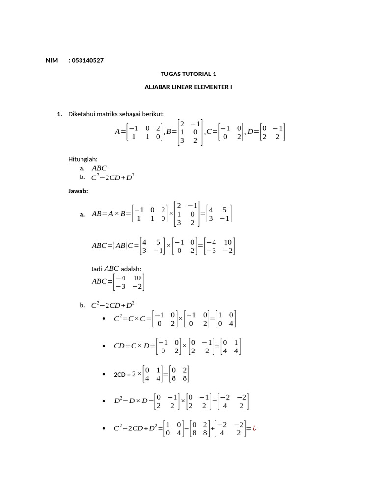 Tugas 1 Aljabar Linear Elementer I | PDF