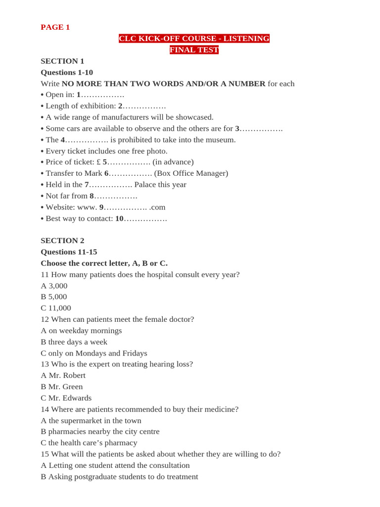 Final Listening Test - Kick-off | PDF | Medicine | Health Care