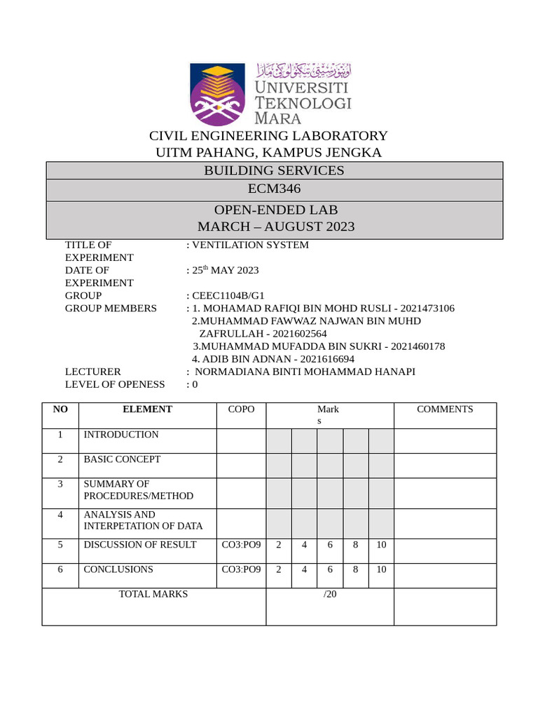 Ecm 346 - Lab Report Ventilation Ceec1104bg1 | PDF | Ventilation (Architecture) | Home Appliance