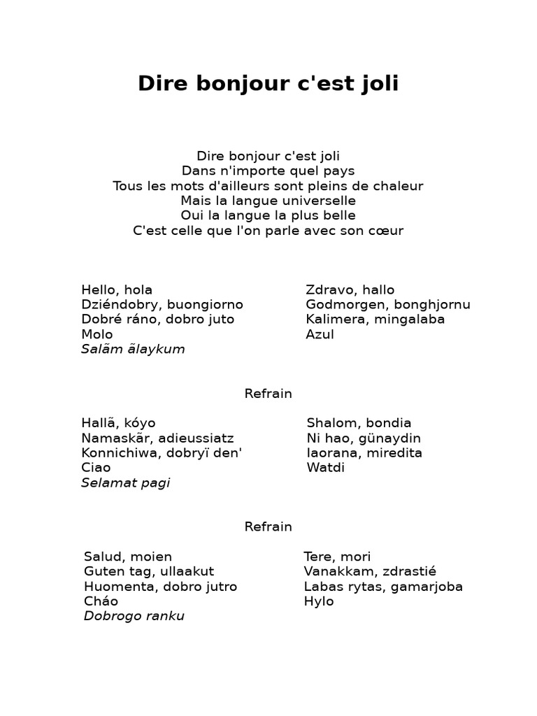 Dire Bonjour : Chanson Universelle | PDF