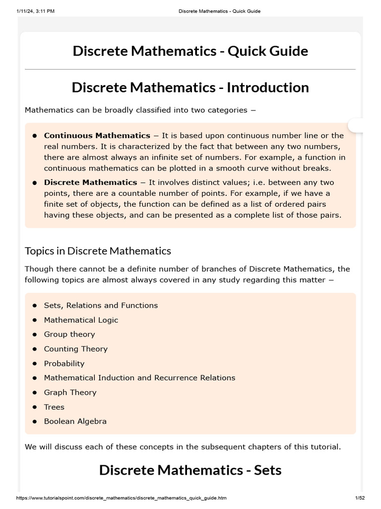 Discrete Mathematics - Quick Guide | PDF | Set (Mathematics) | Discrete Mathematics