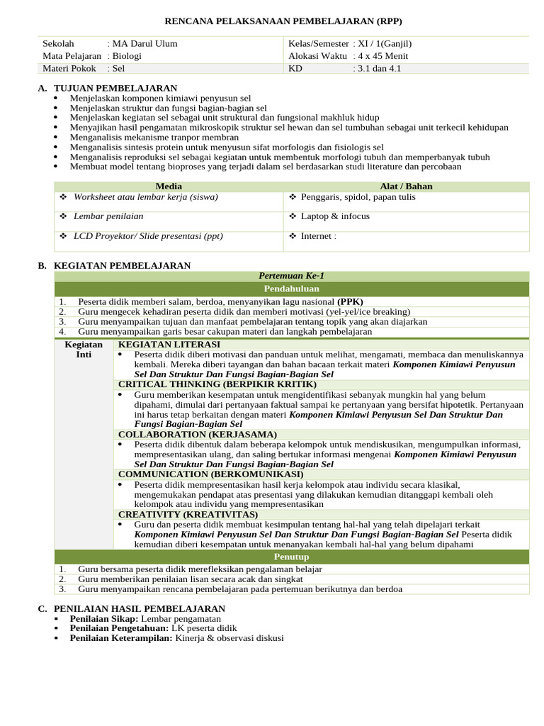RPP I Biologi Kelas 11 SEM 1 | PDF