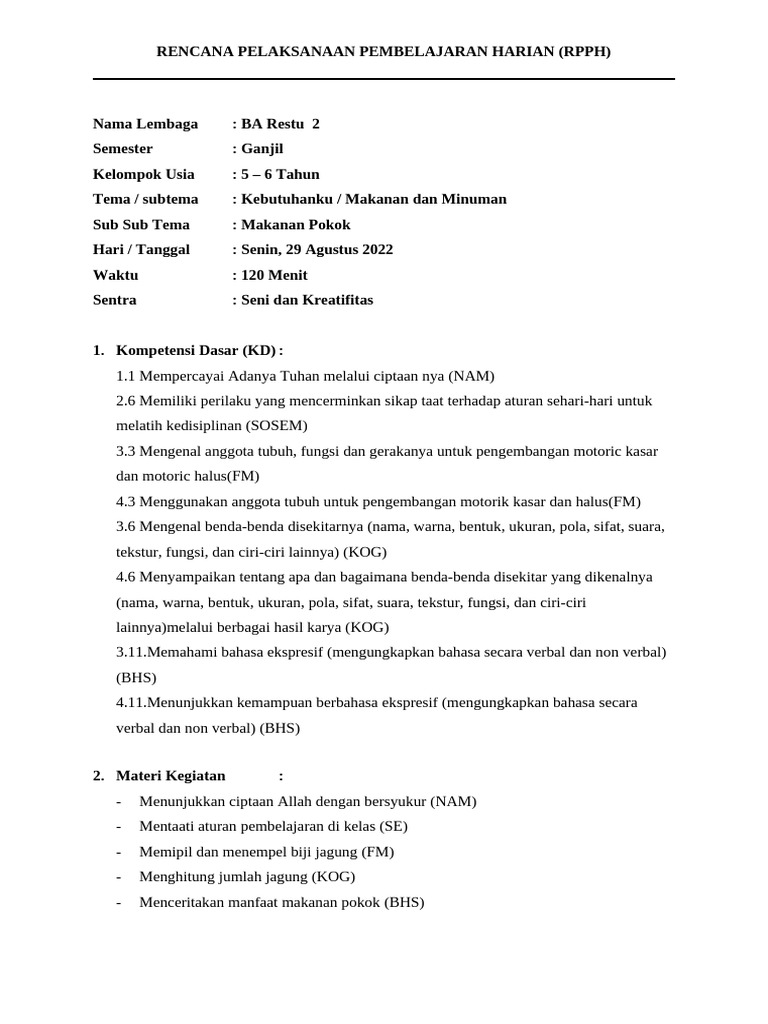 Contoh RPPH Kelas B | PDF