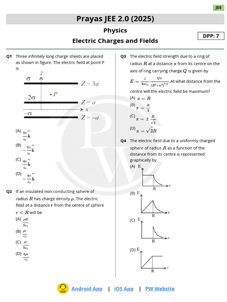 Electric Charges and Field DPP 07 of Lec 10 Prayas JEE 2 0 2025 | PDF