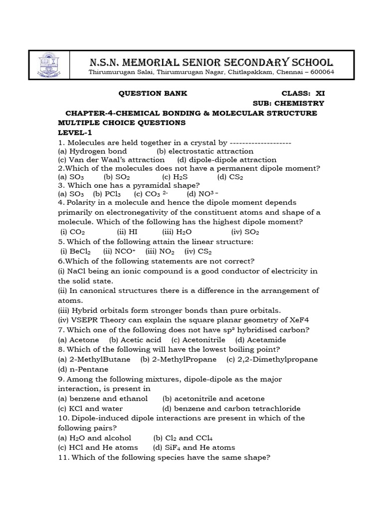 Xi Chemical Bonding and Molecular Structure Q B | PDF | Chemical Bond ...