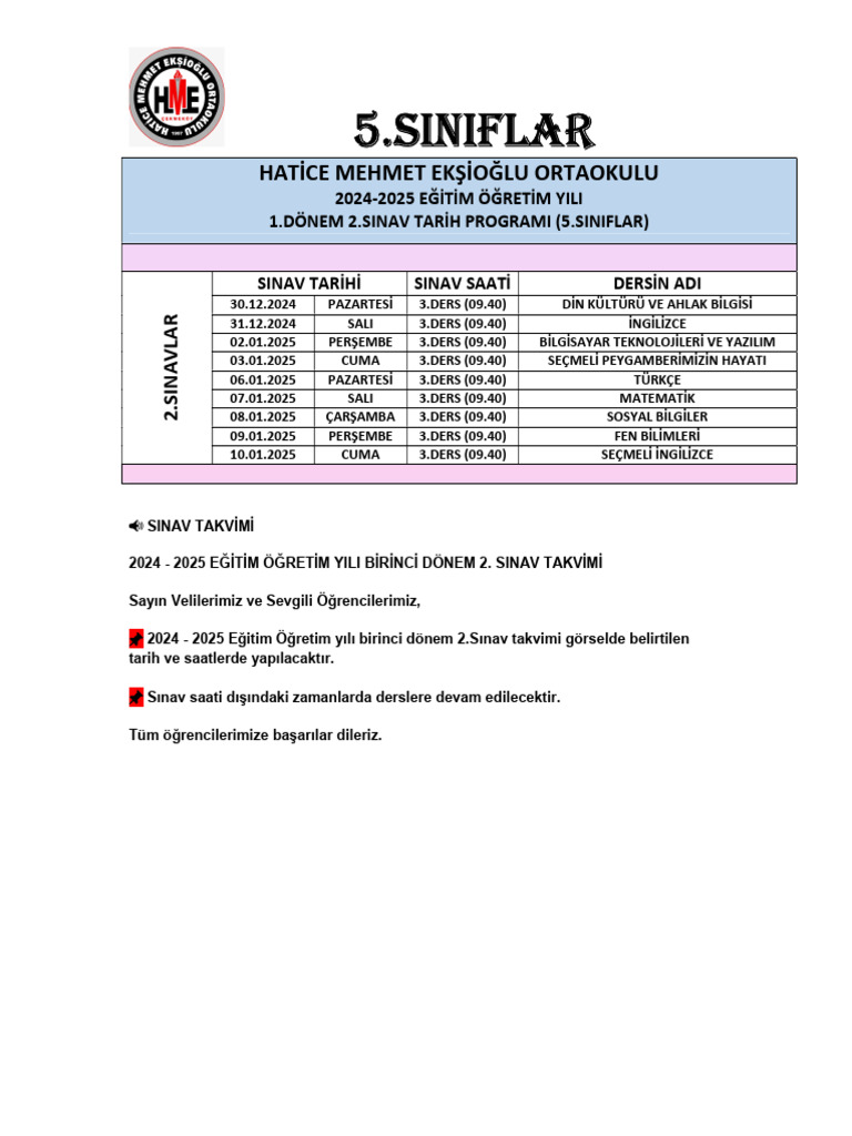 5.siniflar 2.sinav Takvi̇mi̇ | PDF