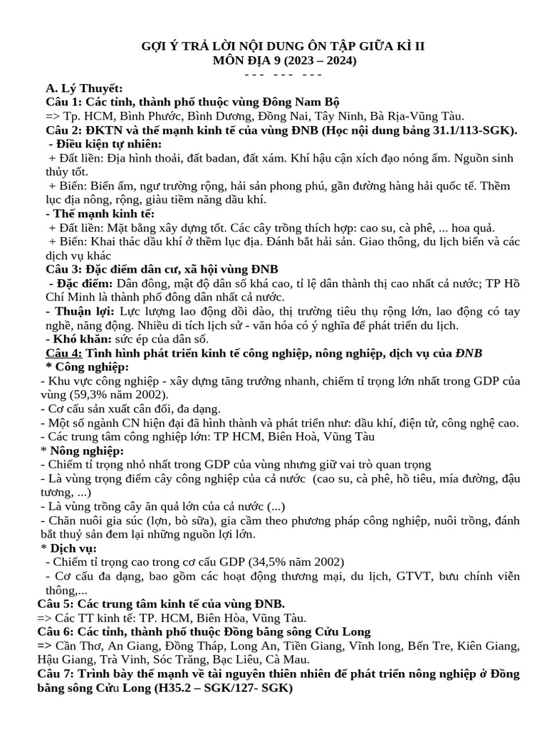 TL ND ÔN TẬP GK2 Địa 9 (23-24) | PDF