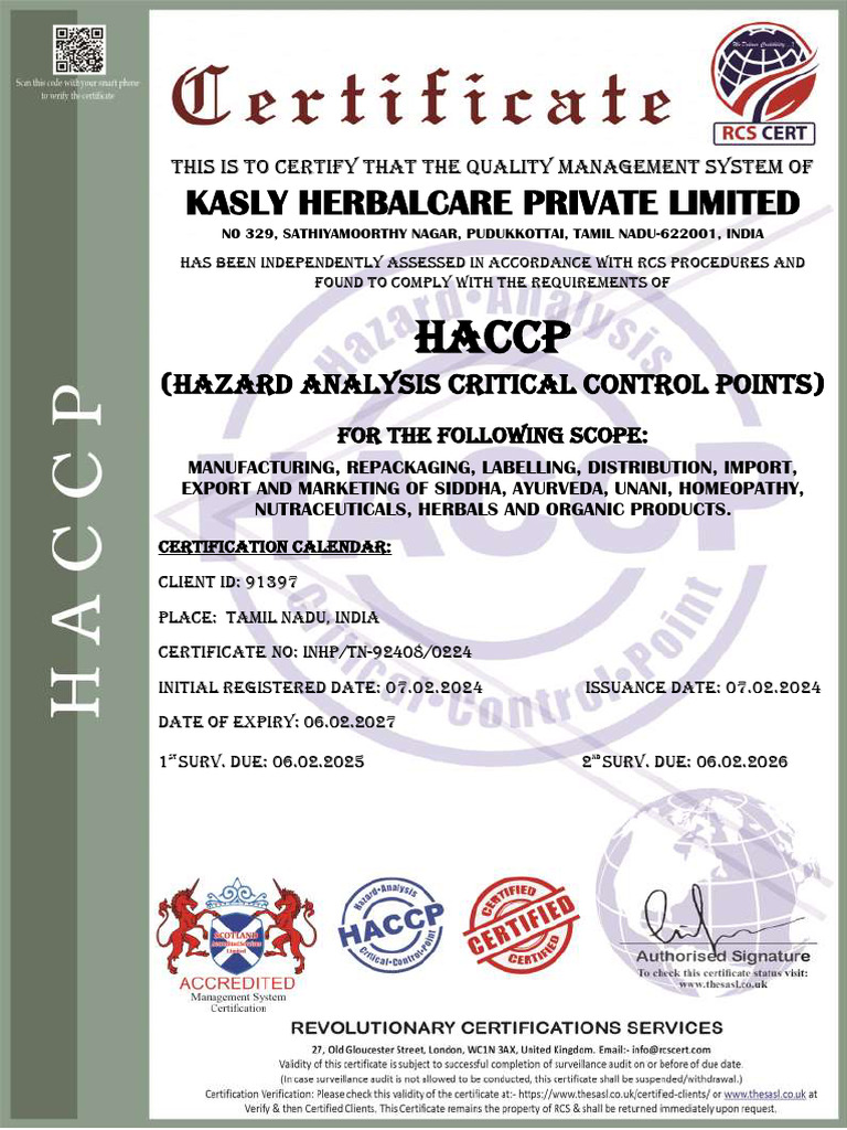 Kasly Herbalcare Private Limited - Haccp | PDF