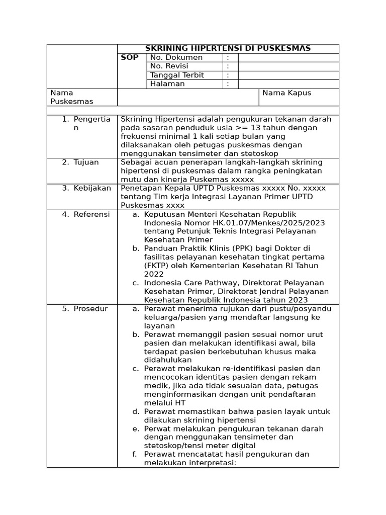 Sop Skrining Hipertensi Di Puskesmas | PDF