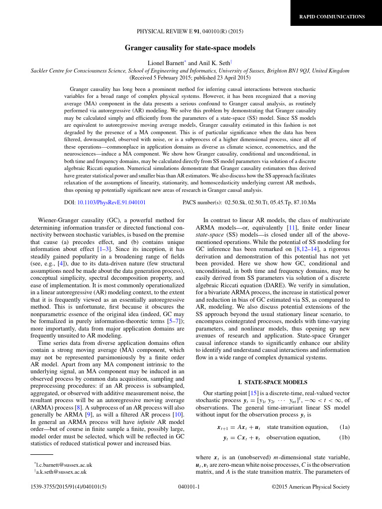 Physreve 15 Granger Causality For State Space Models Pdf Autoregressive Model Time Series