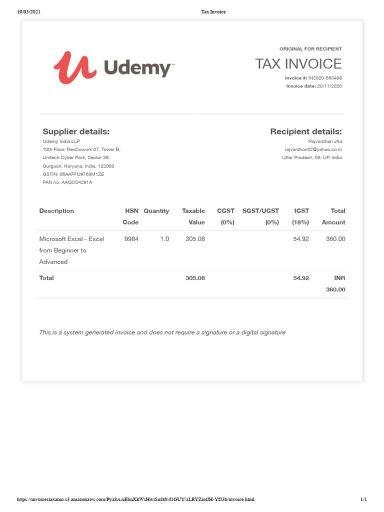Udemy Course Purchase Invoice | PDF