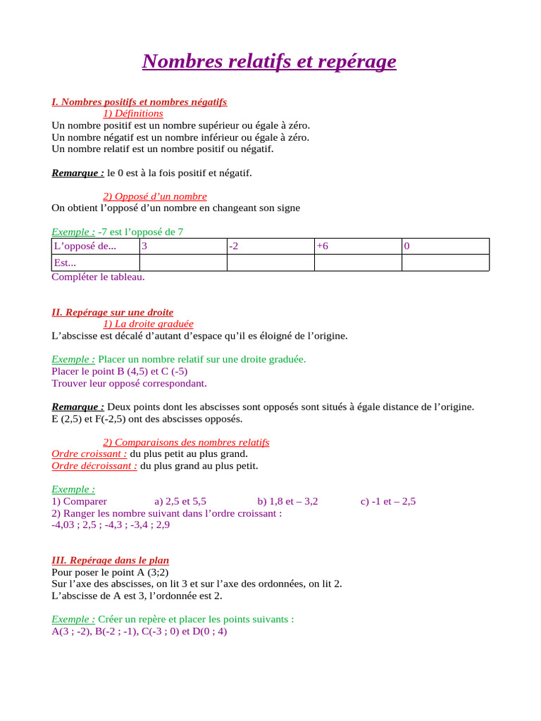 Nombres relatifs et repérage en maths | PDF