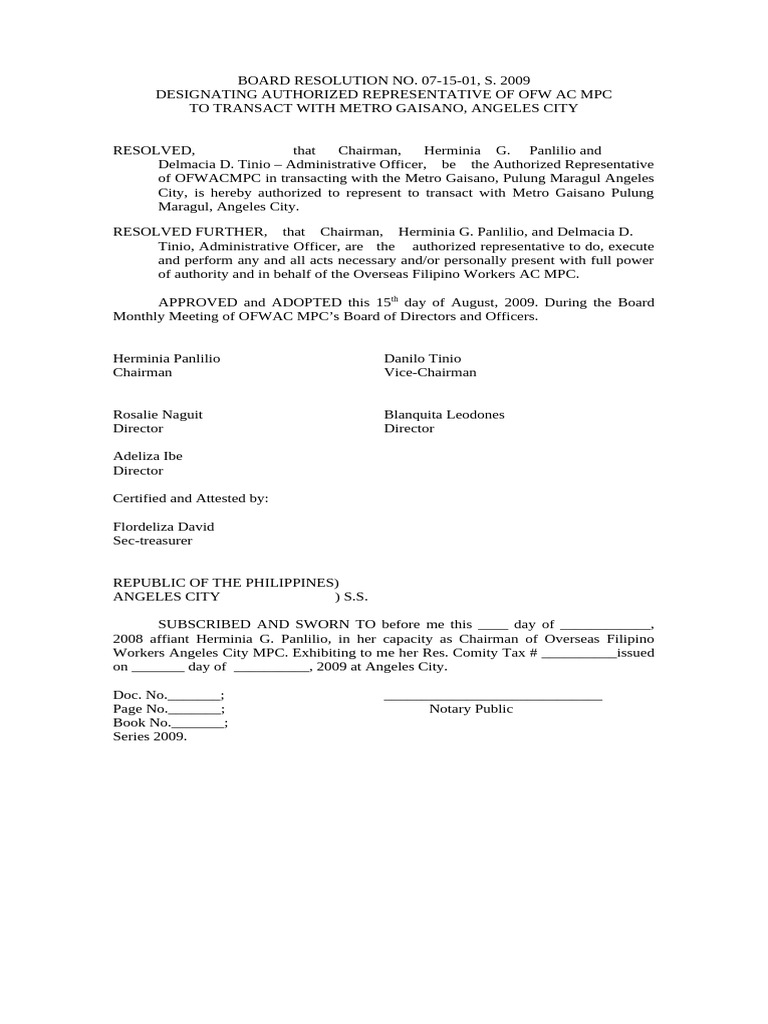 Board Resolution No Ofw | PDF