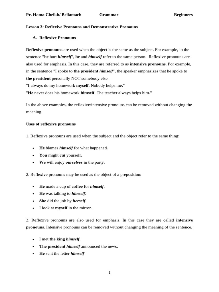 Reflexive and Demonstrative Pronouns | PDF | Grammatical Number | Syntax